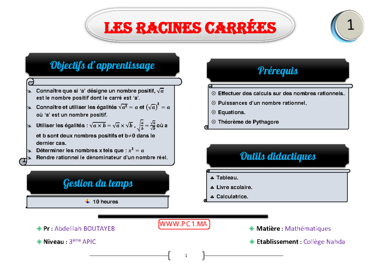 Cours Racines carrees 3 Annee College 1 - 1 Pr : Abdelilah BOUTAYEB ...
