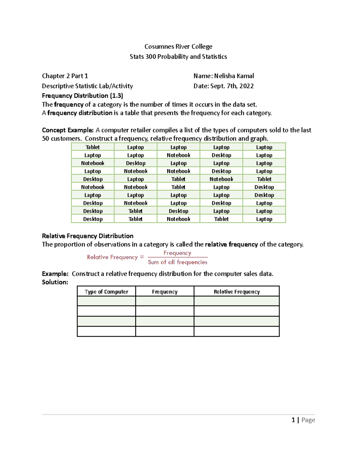 Stats 300 Baca Chapter 2 Part 1 Lab - Cosumnes River College Stats 300 ...