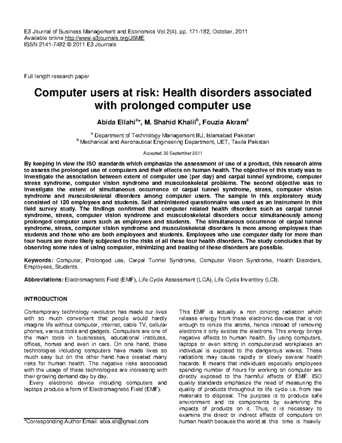 Research Article 1 Health Risk of Using Computers - E3 Journal of ...