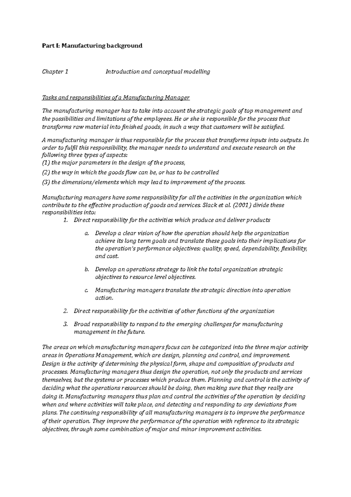 Samenvatting Amr Parti&Ii - Part I: Manufacturing background Chapter 1 ...