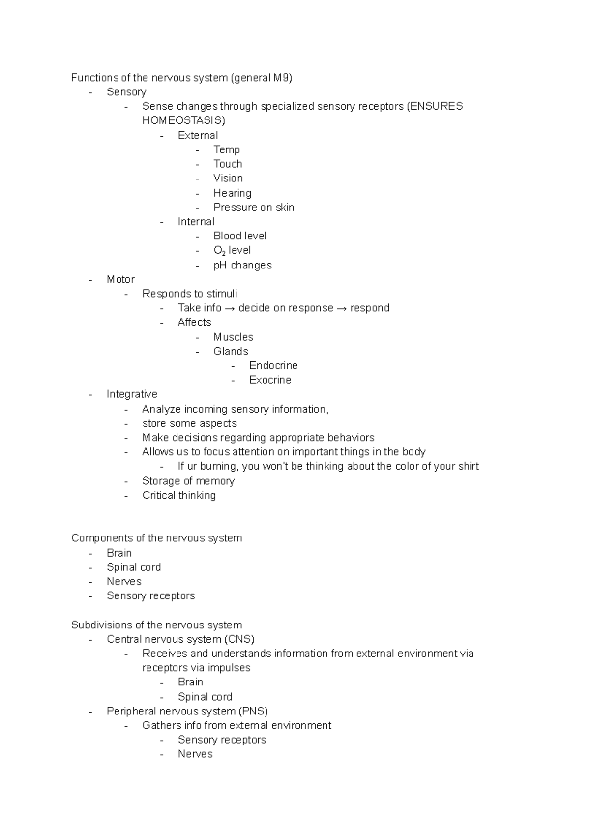 Kin 2Y03 Lec 9 - notes - Functions of the nervous system (general M9 ...