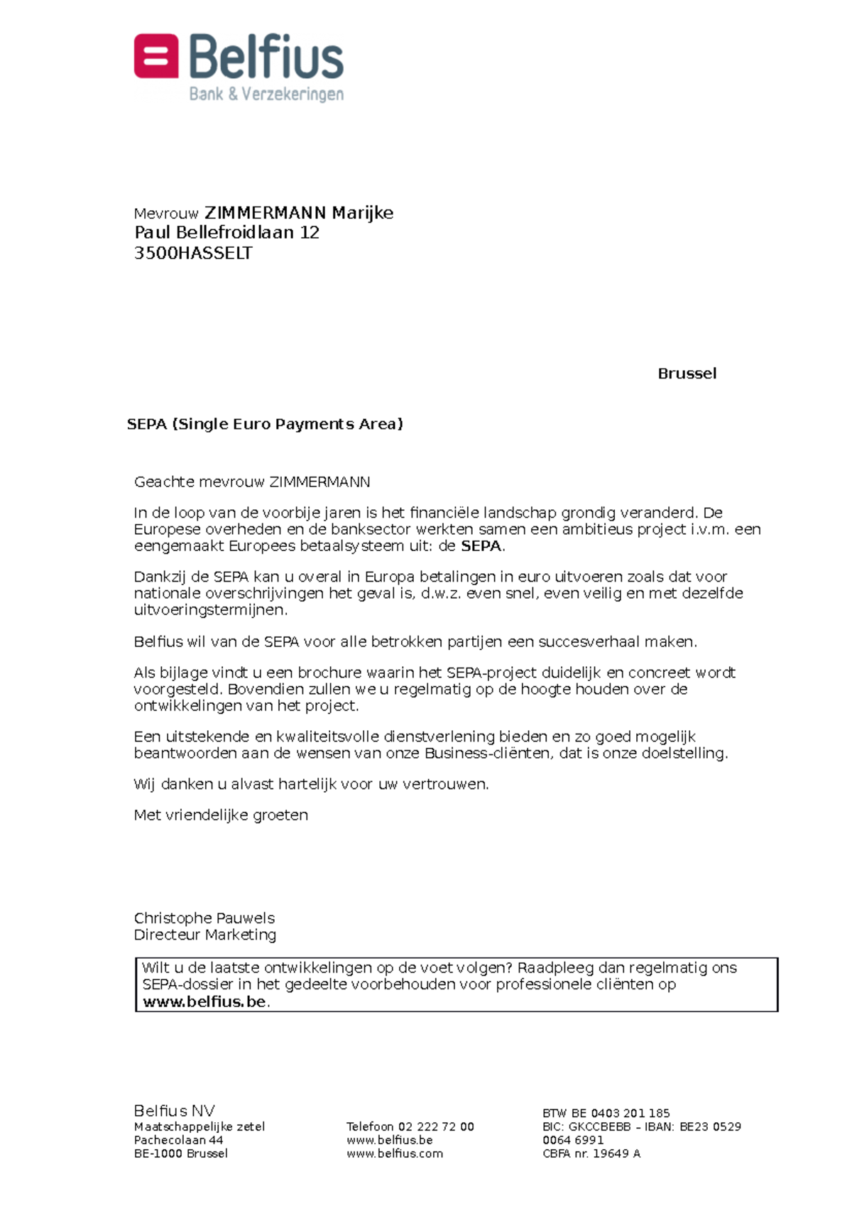 Mailing Belfius SEPA Business - Mevrouw ZIMMERMANN Marijke Paul ...