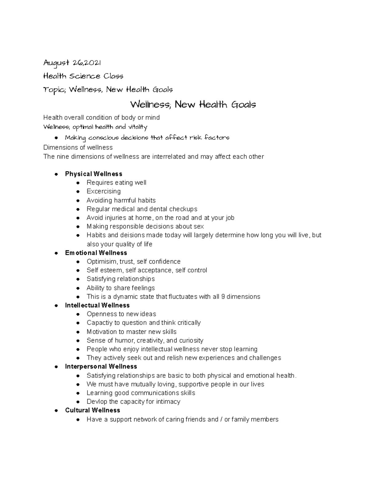 Wellness; New Health Goals (Health Science) Notes - August 26, Health ...