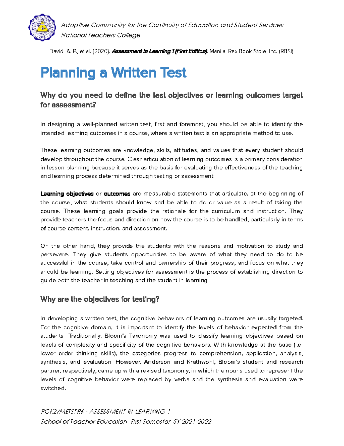 Reading Material 1 Assessment in Learning 1 - National Teachers College ...