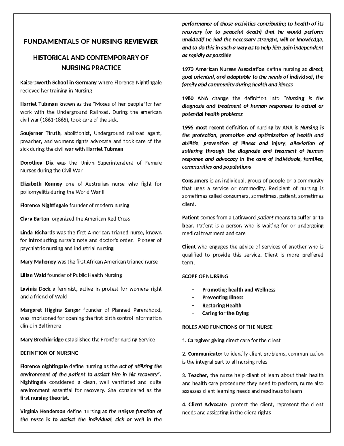 Fundamentals OF Nursing Reviewer - FUNDAMENTALS OF NURSING REVIEWER ...