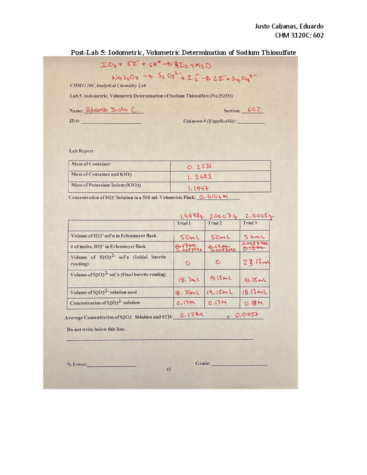 Post Lab 5 - got a 96 on it - CHM3120C - Justo Cabanas, Eduardo CHM ...