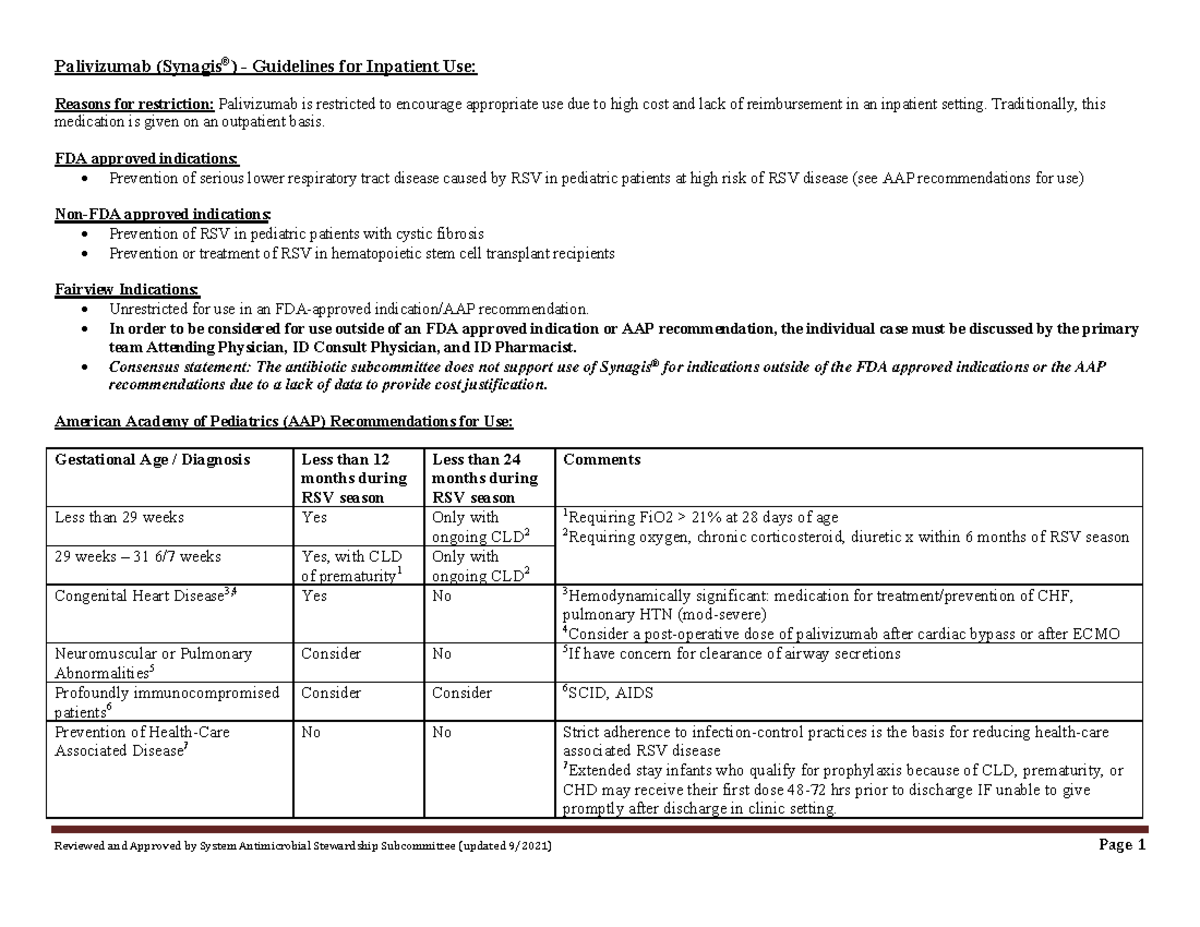 Synagis (palivizumab) Use Guidelines 9-2021 - Reviewed and Approved by ...