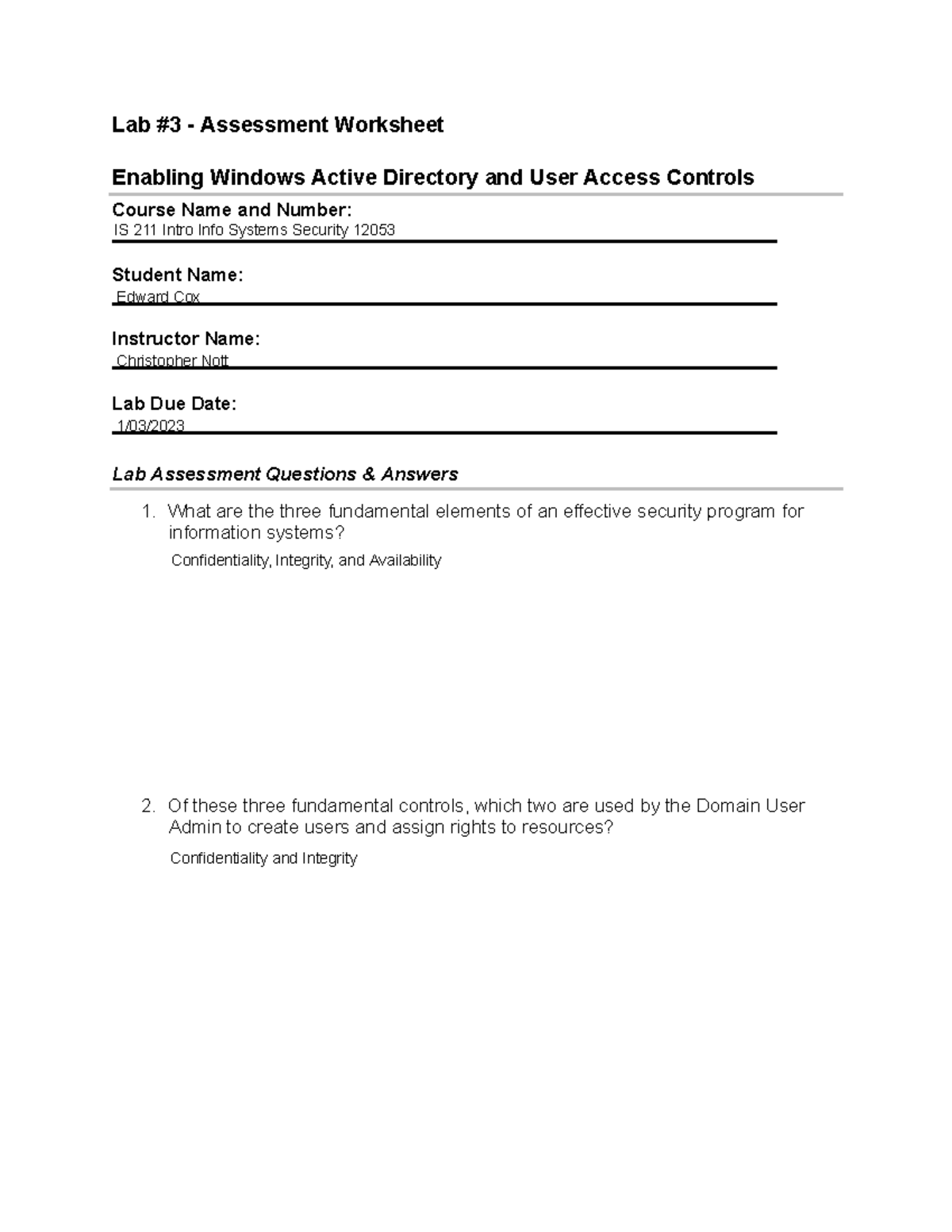 IS211 Lab3 Cox - week 3 - Lab #3 - Assessment Worksheet Enabling Windows Active Directory and ...