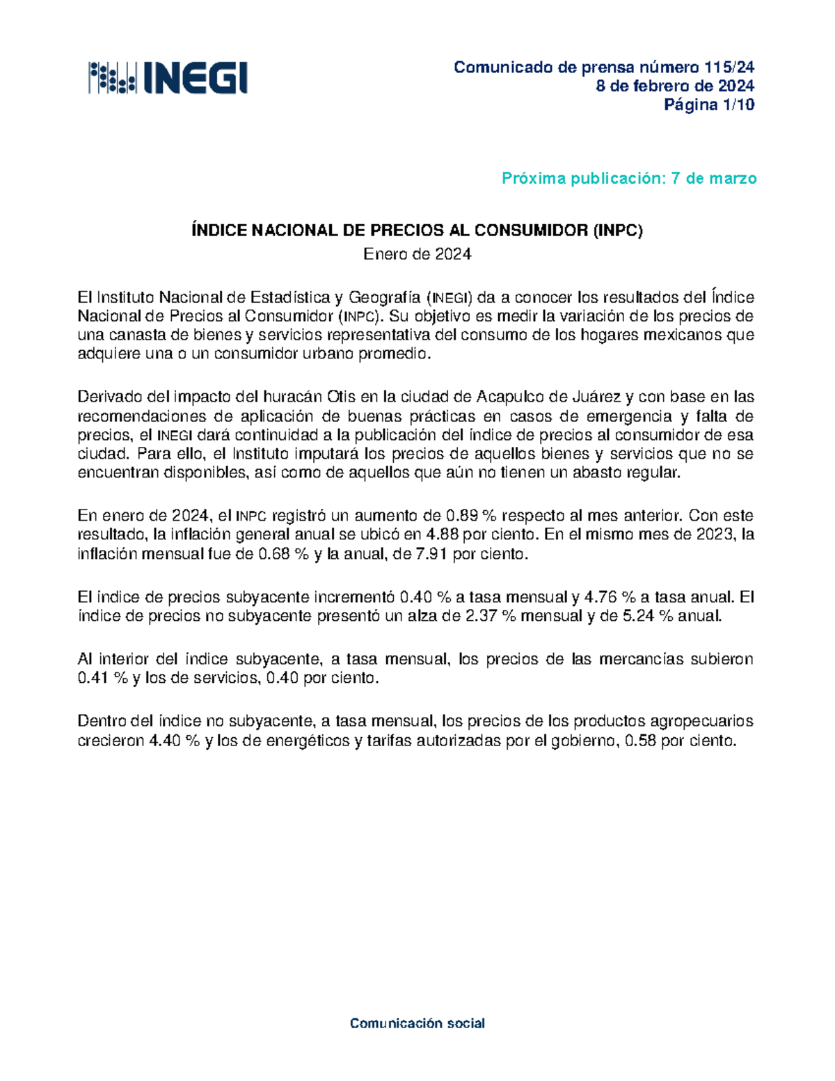 Índice Nacional de precios 2024 - 8 de febrero de 2024 Página 1 / 10 ...