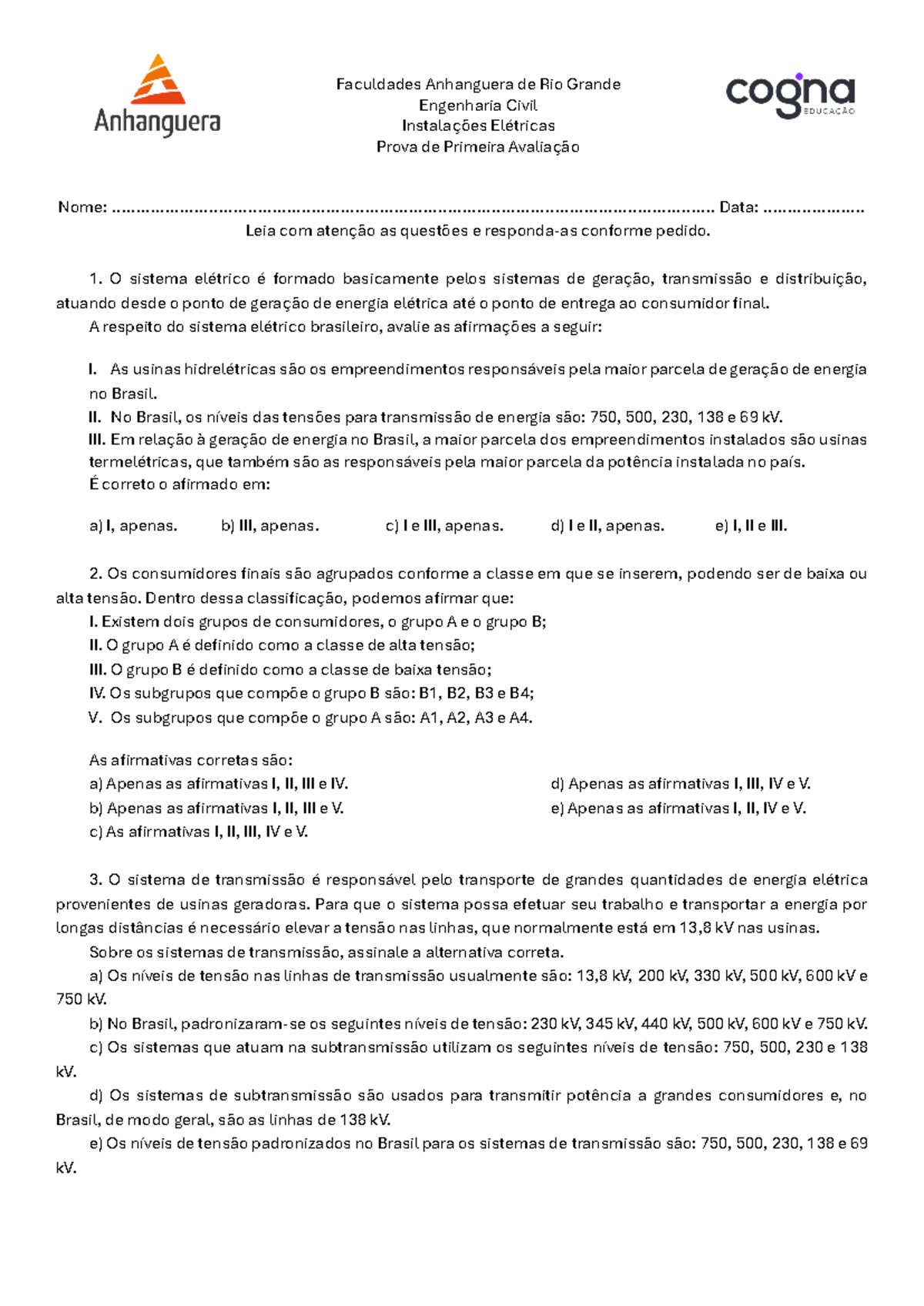Prova I - Faculdades Anhanguera de Rio Grande Engenharia Civil ...