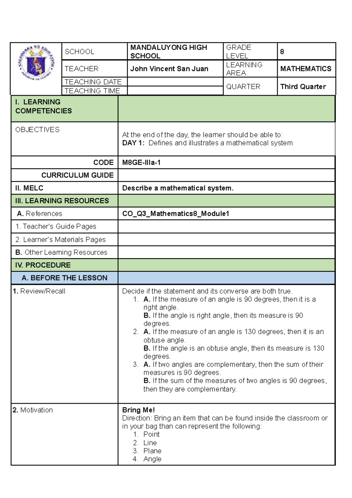 G8 Q3 Module 1 DAY1 LP - Sample lesson plan - SCHOOL MANDALUYONG HIGH ...