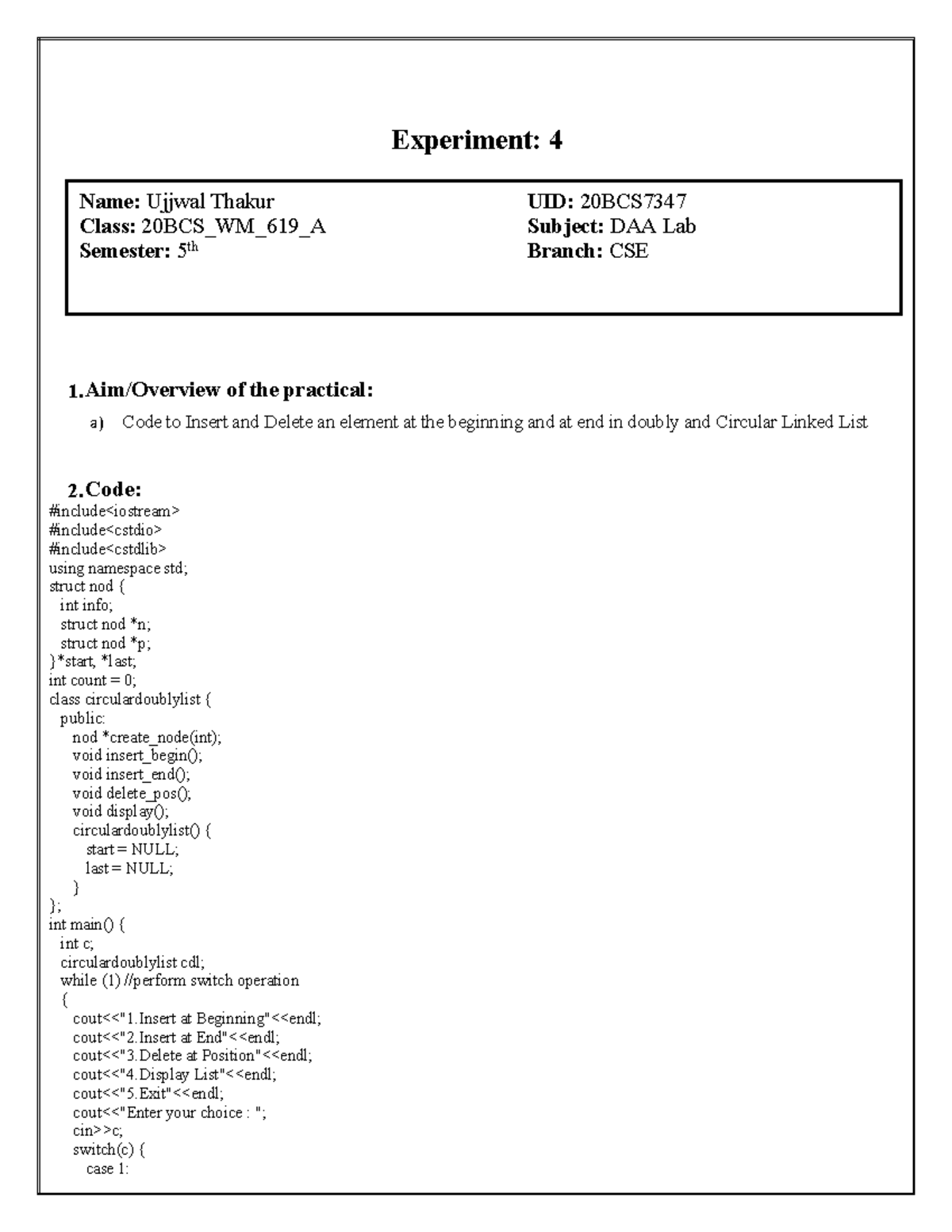 20BCS7347 (Worksheet 4) - Experiment: 4 1. Aim/Overview of the ...