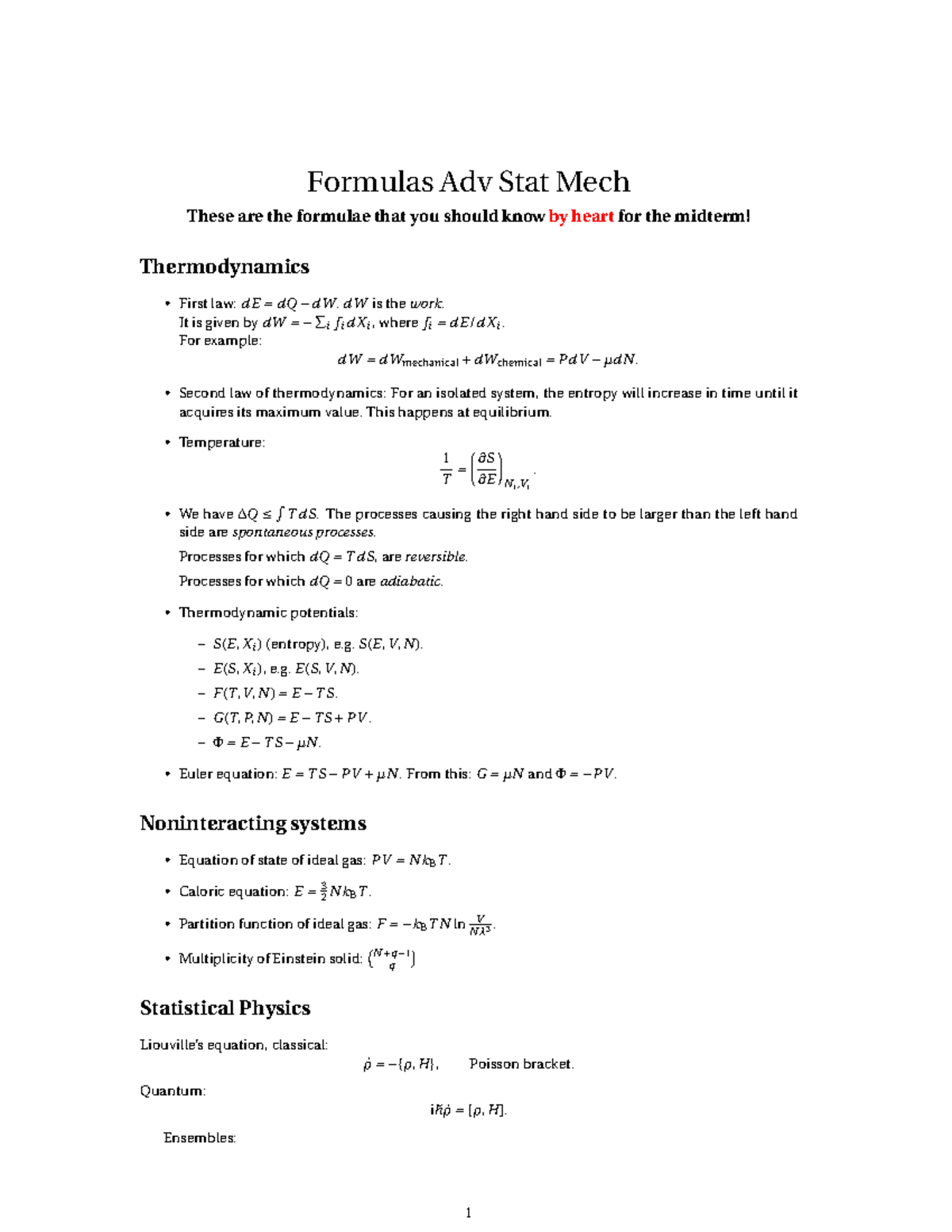 Formulas midterm - Formulas Adv Stat Mech These are the formulae that ...