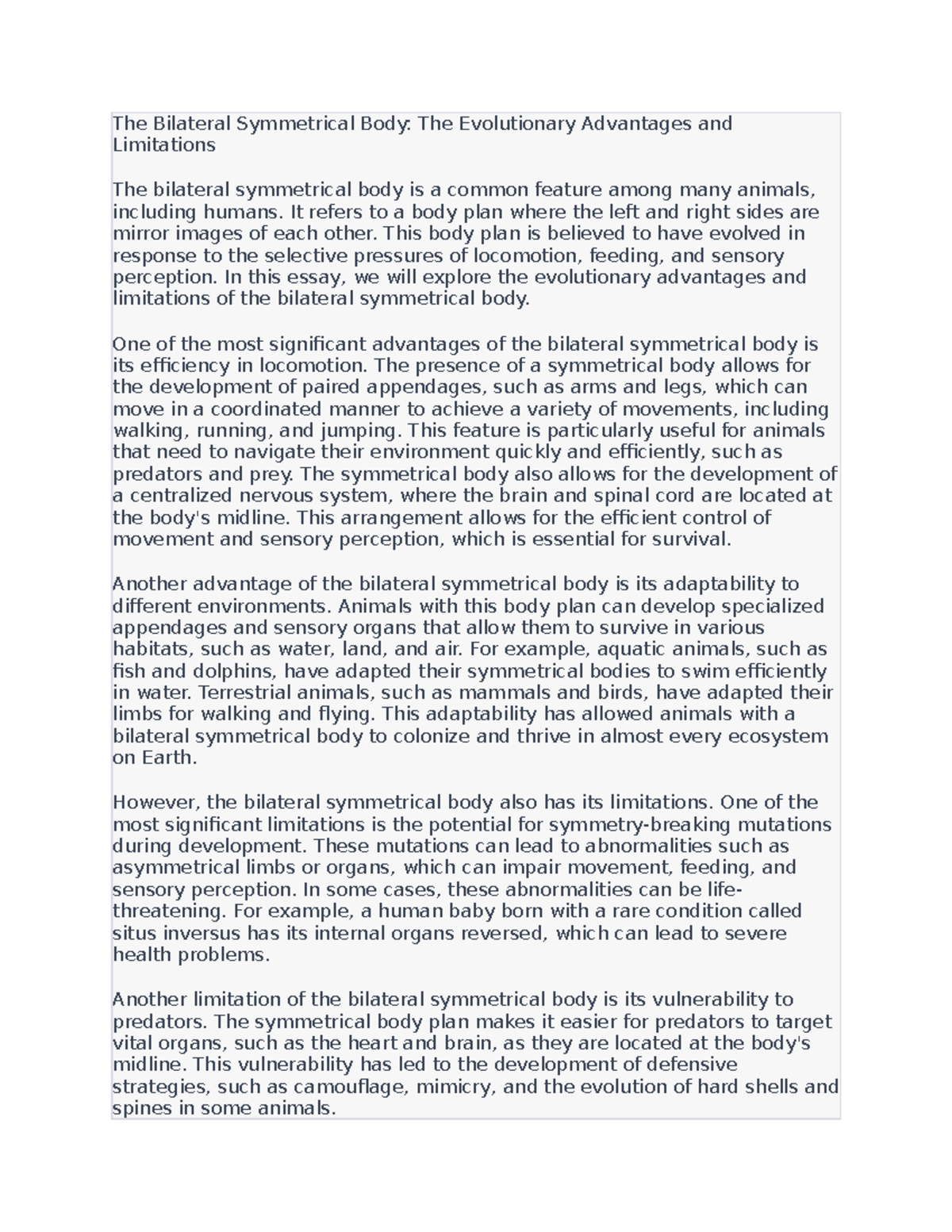 The Bilateral Symmetrical Body - The Evolutionary Advantages and Limitations - The Bilateral ...