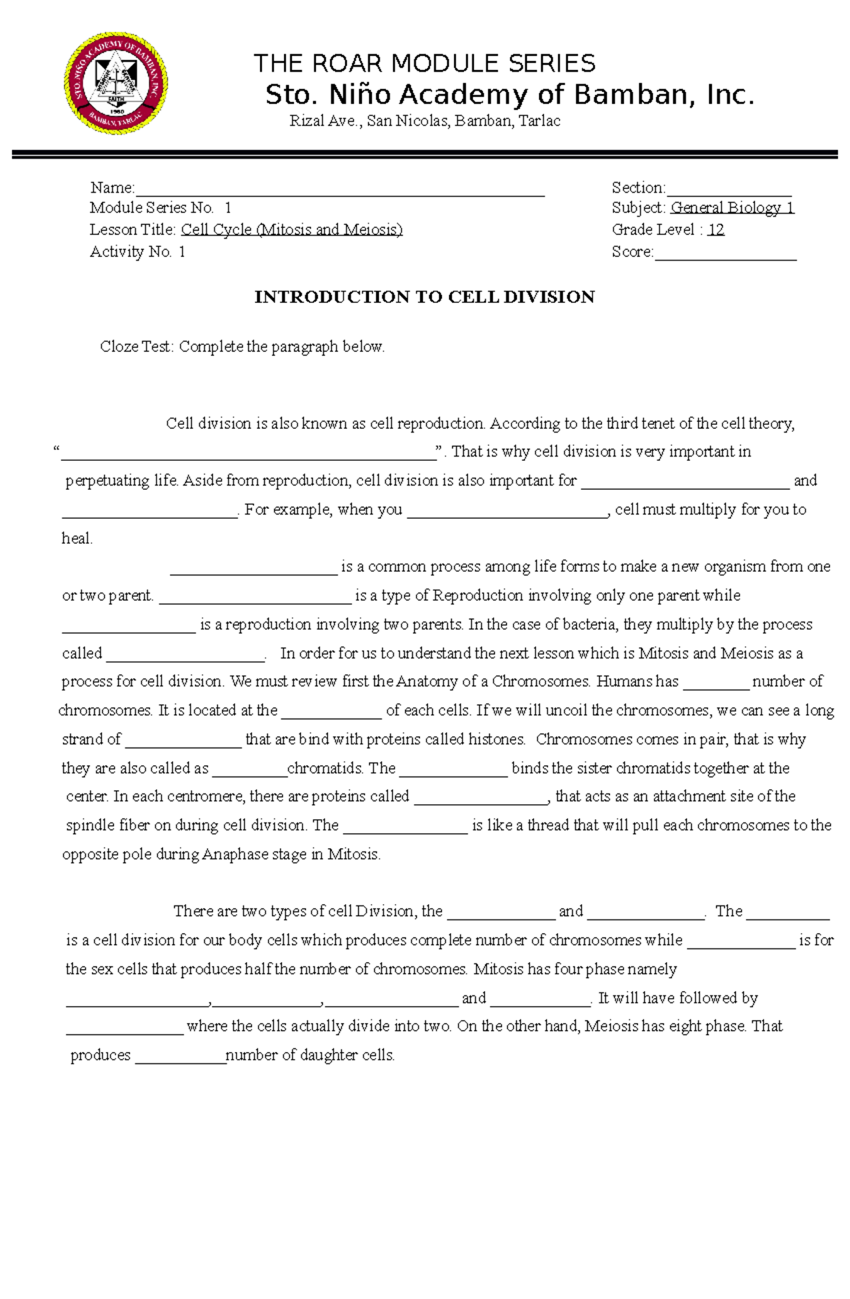 Introduction to Cell Division - THE ROAR MODULE SERIES Sto. Niño ...