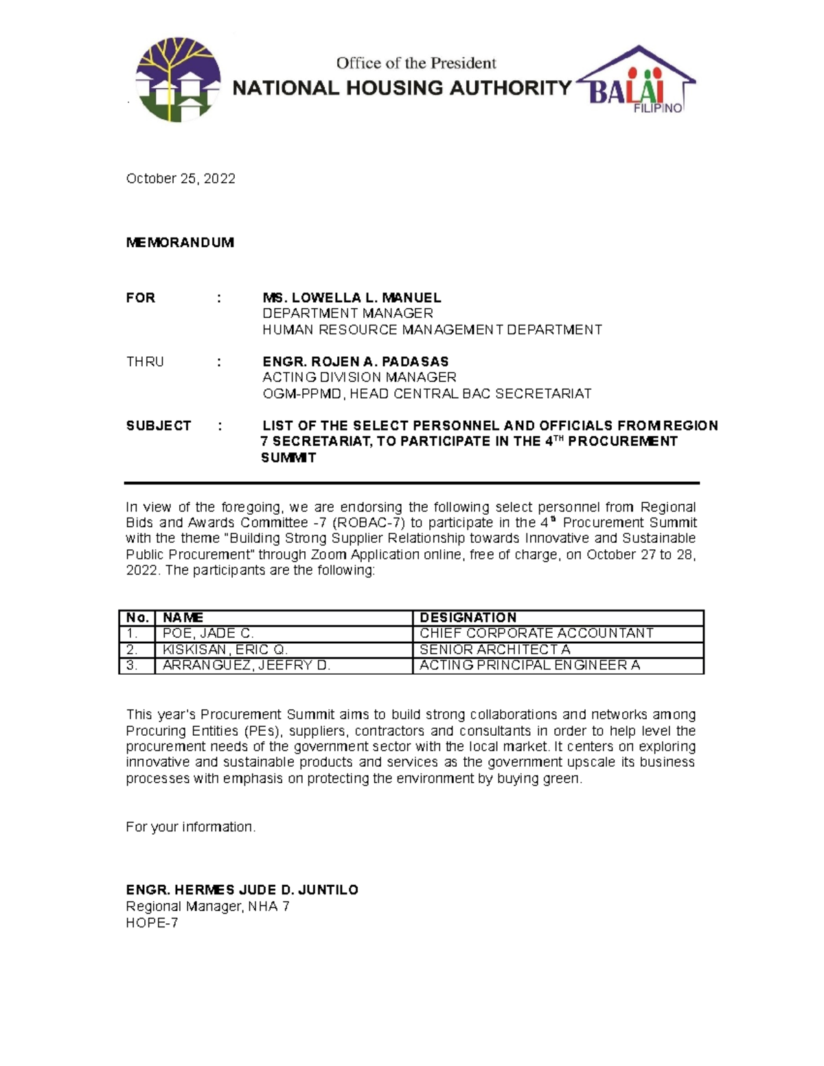 Endorsement Letter - Materials - . October 25, 2022 MEMORANDUM FOR : MS ...
