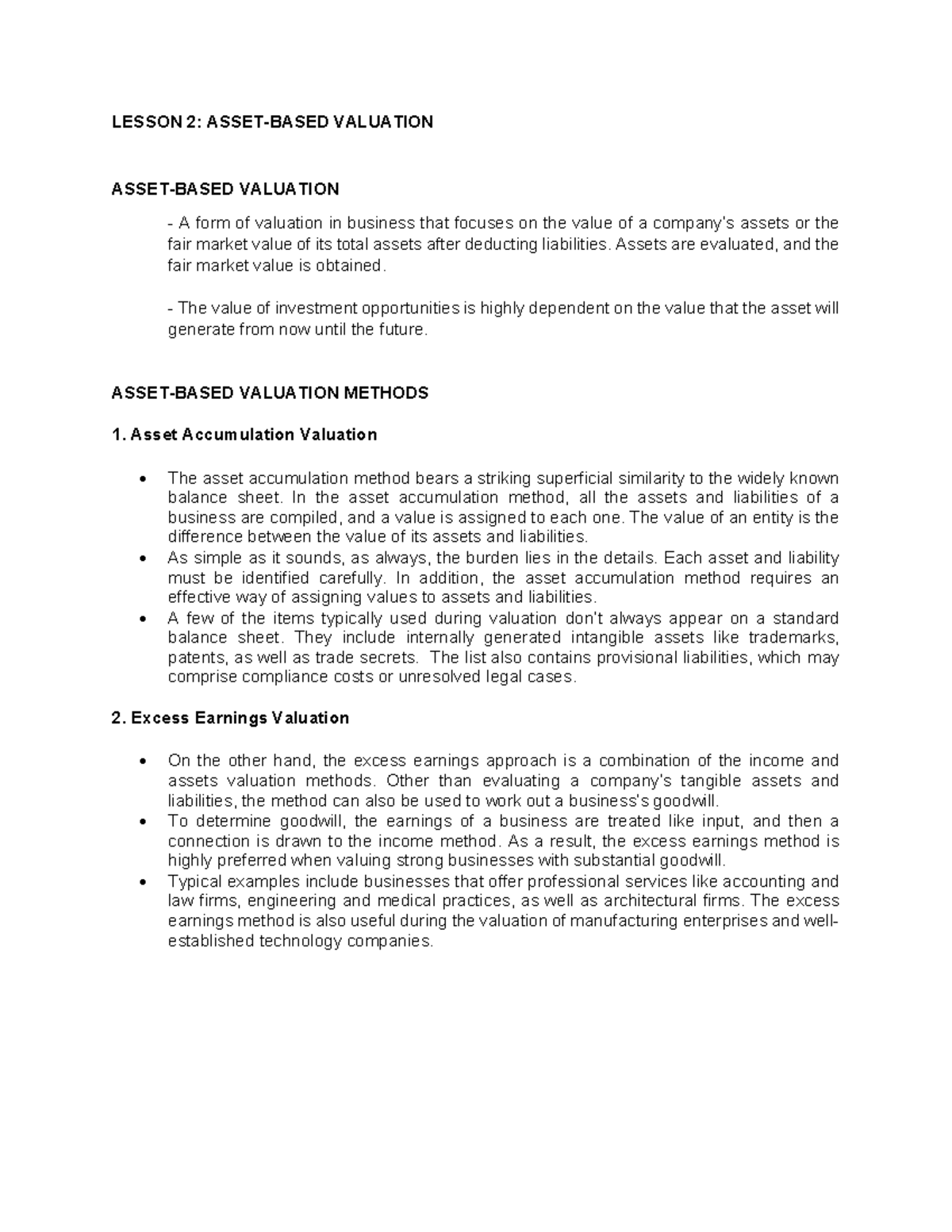 Lesson 2 - Asset Based Valuation - LESSON 2: ASSET-BASED VALUATION ...