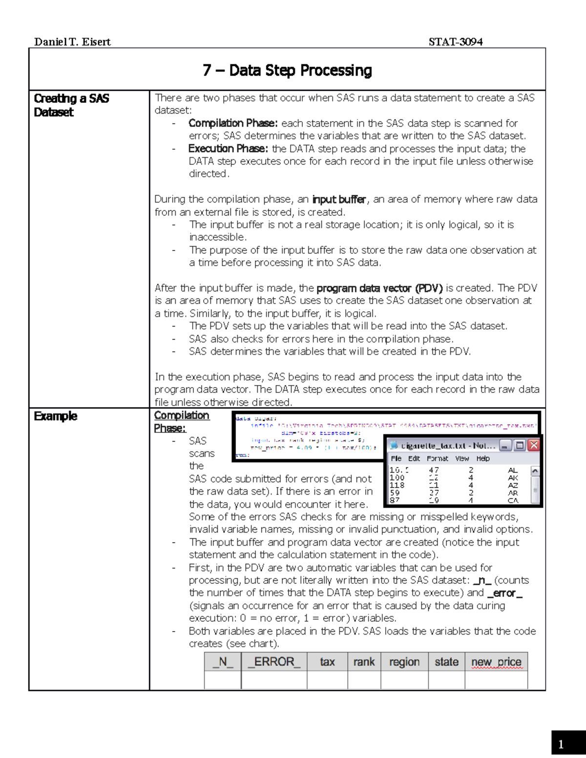 STAT-3094 - Lecture 7 - Data Step Processing - 1 Daniel T. Eisert STAT ...
