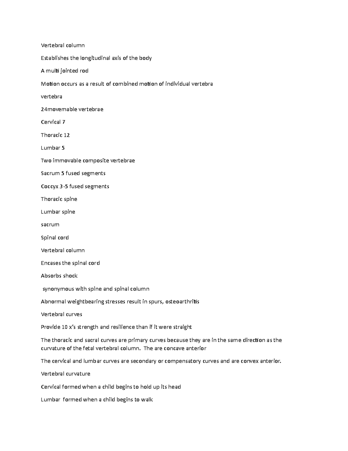 PTA 115 Spine Vertebral column notes - Vertebral column Establishes the ...