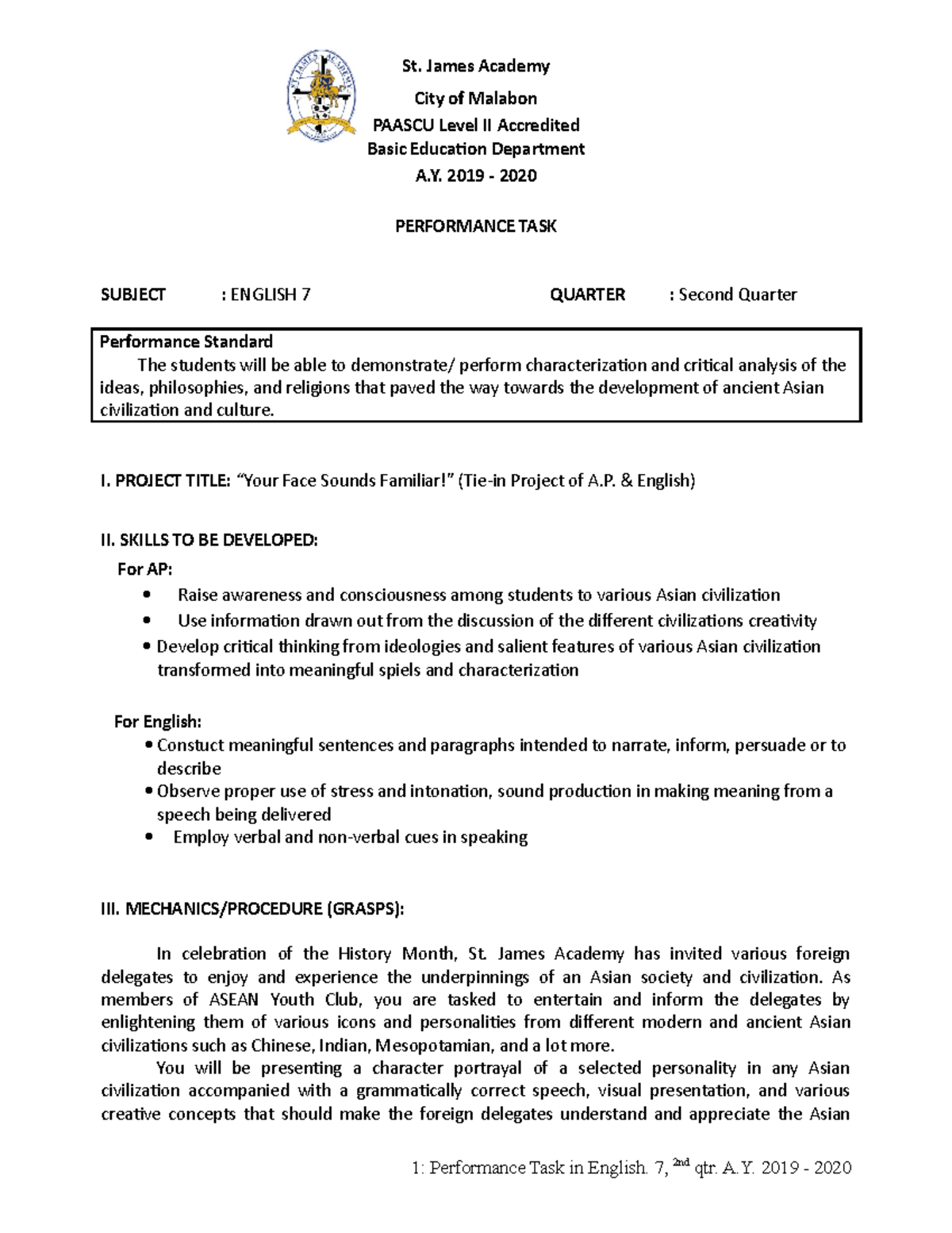 English 7 Q2 Project PLAN - St. James Academy City of Malabon PAASCU ...