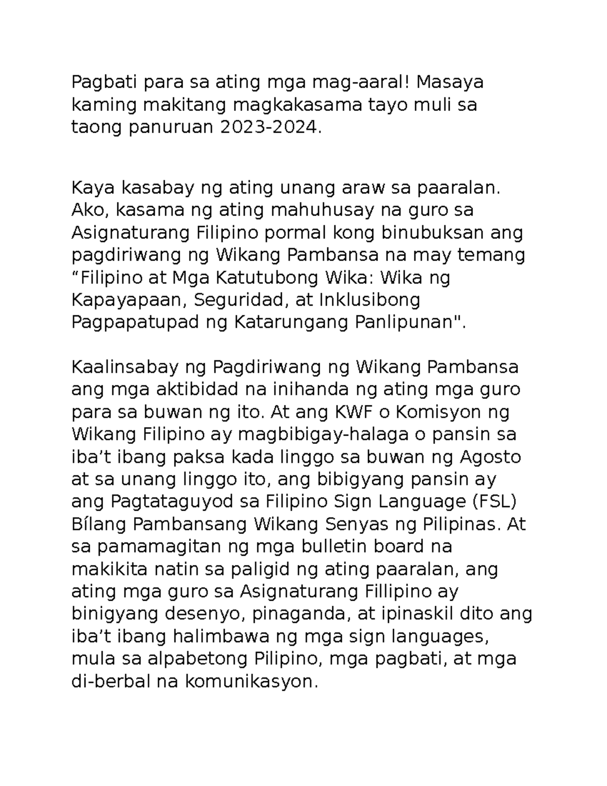 Speech - notes - Pagbati para sa ating mga mag-aaral! Masaya kaming ...