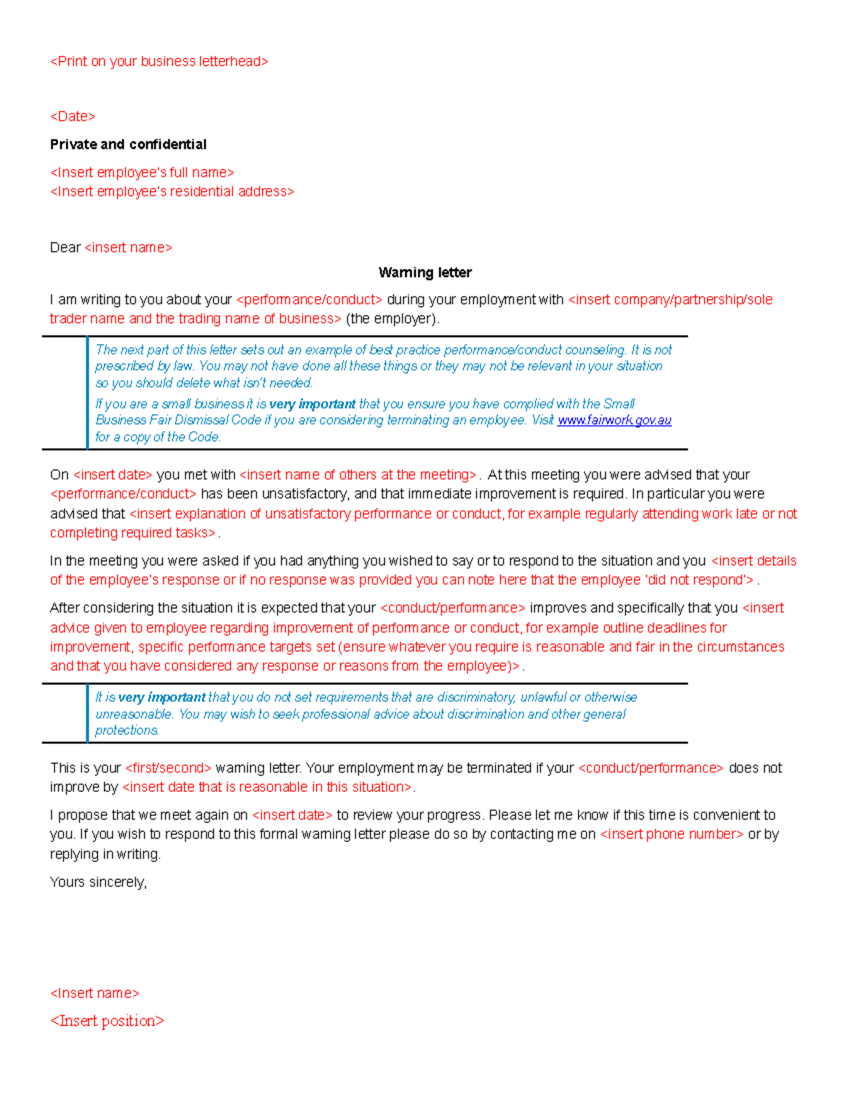 Warning Letter Format SAMPLE - Private and confidential - Studocu