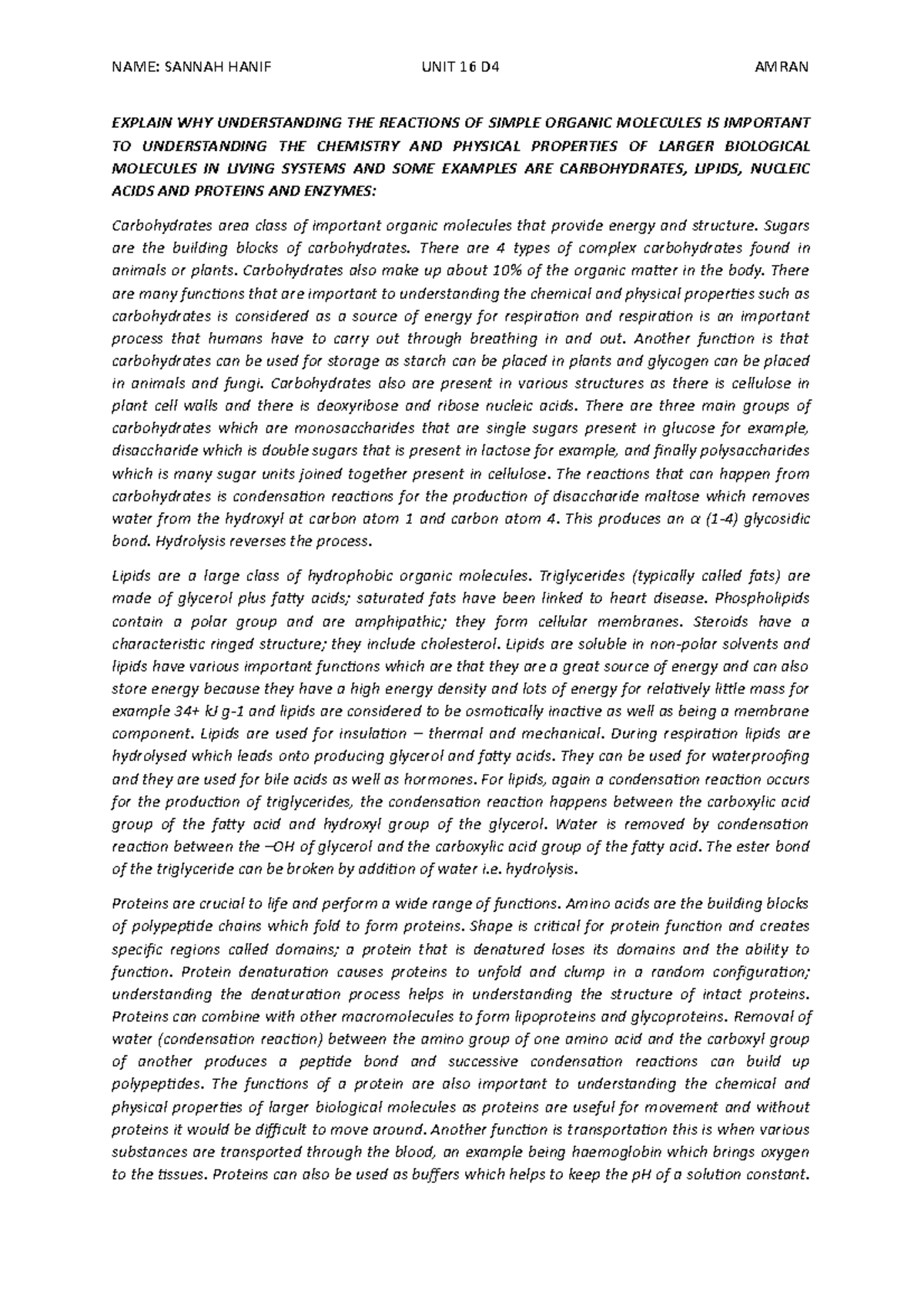 Biomolecules in detail - NAME: SANNAH HANIF UNIT 16 D4 AMRAN EXPLAIN ...