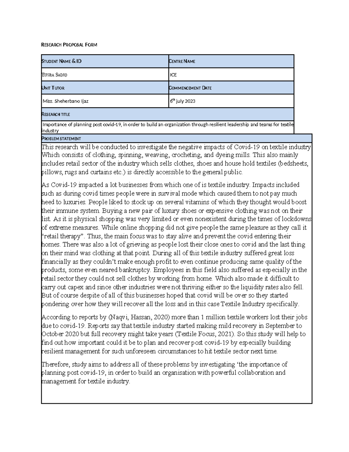 Research Proposal Form - RESEARCH PROPOSAL FORM STUDENT NAME & ID ...