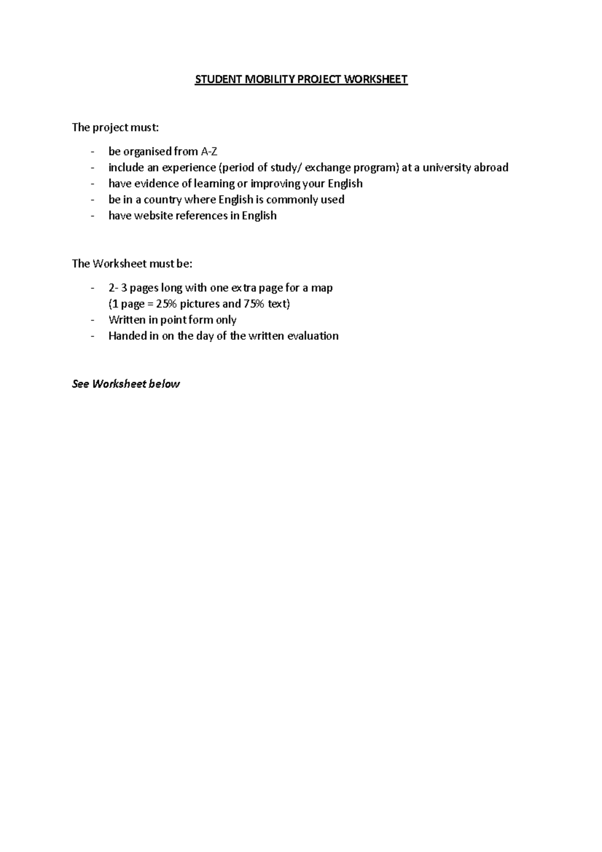 Student Mobility Project Worksheet - STUDENT MOBILITY PROJECT WORKSHEET ...