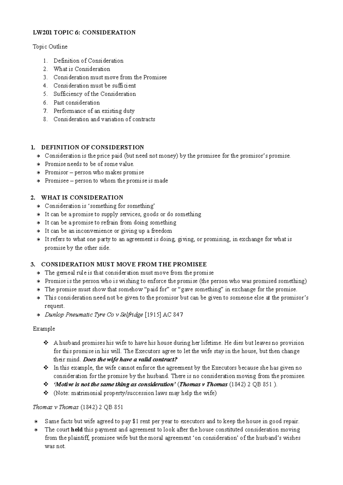 LW201 Topic 6 - SUMMARY - LW201 TOPIC 6: CONSIDERATION Topic Outline ...
