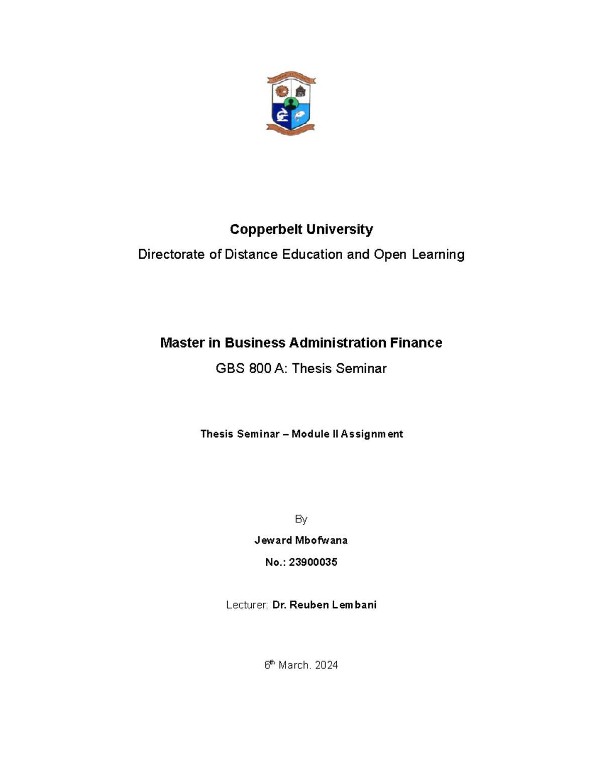 Thesis Seminar - Module II Assignment - Copperbelt University ...