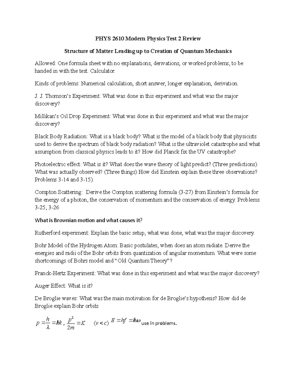 PHYS 261 0 Modern Physics Test 2 Review - PHYS 2610 Modern Physics Test ...