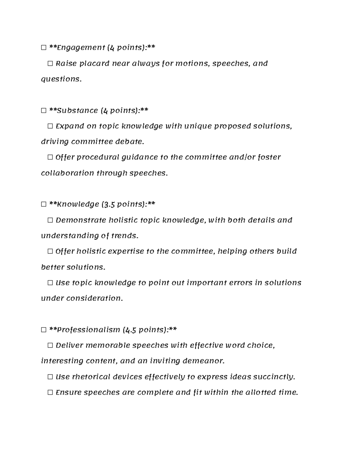 MUN resources - sdsjj - ☐ Engagement (4 points): ☐ Raise placard near ...