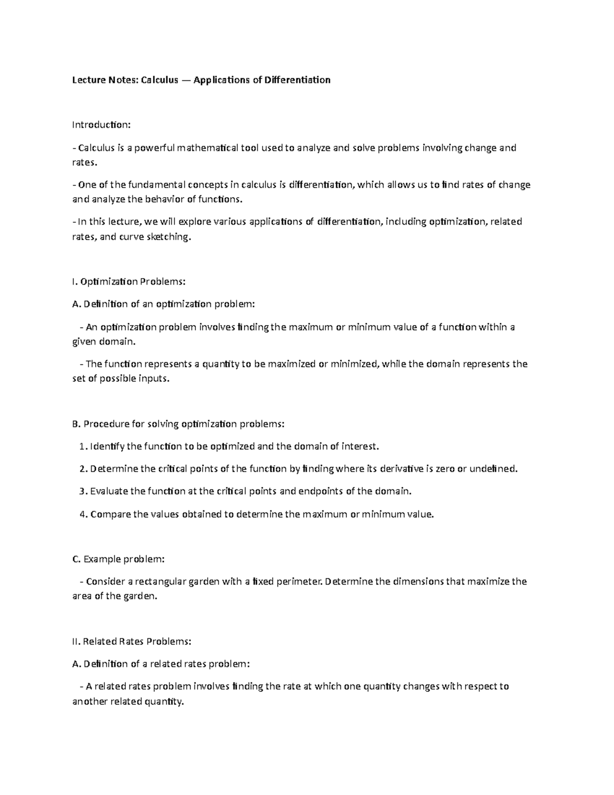 Lecture Notes Calculus — Applications Of Differentiation Lecture