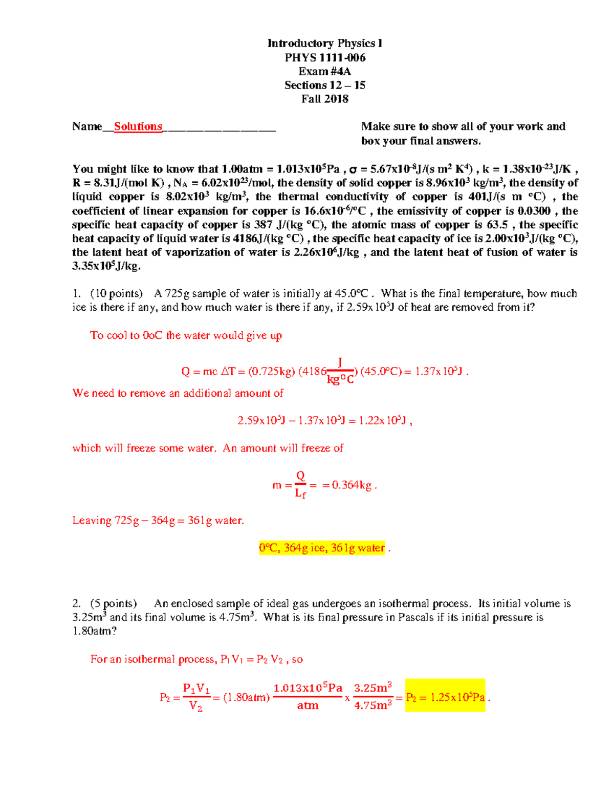 PHYS1111 2018 03 Fall Exam #4A Sol - Introductory Physics I PHYS 1111 ...