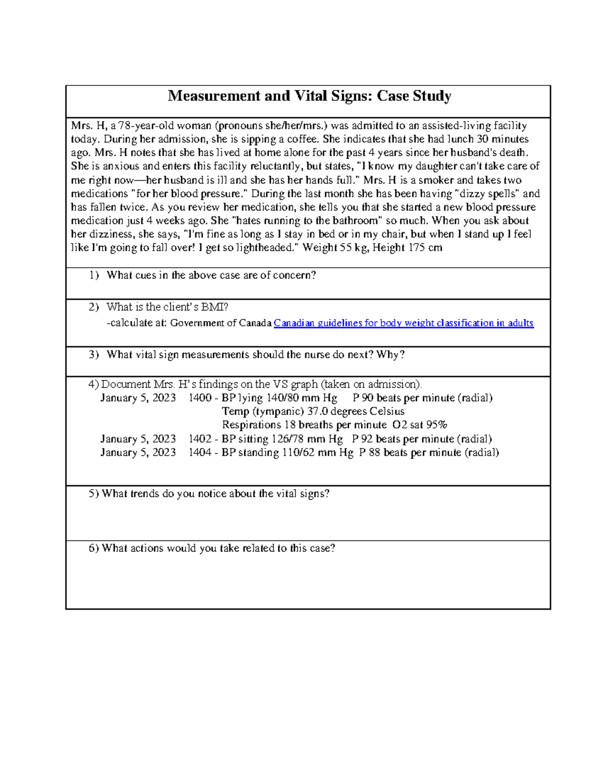 Case Study-Mrs. H - Practice on a clinical situation - Measurement and ...
