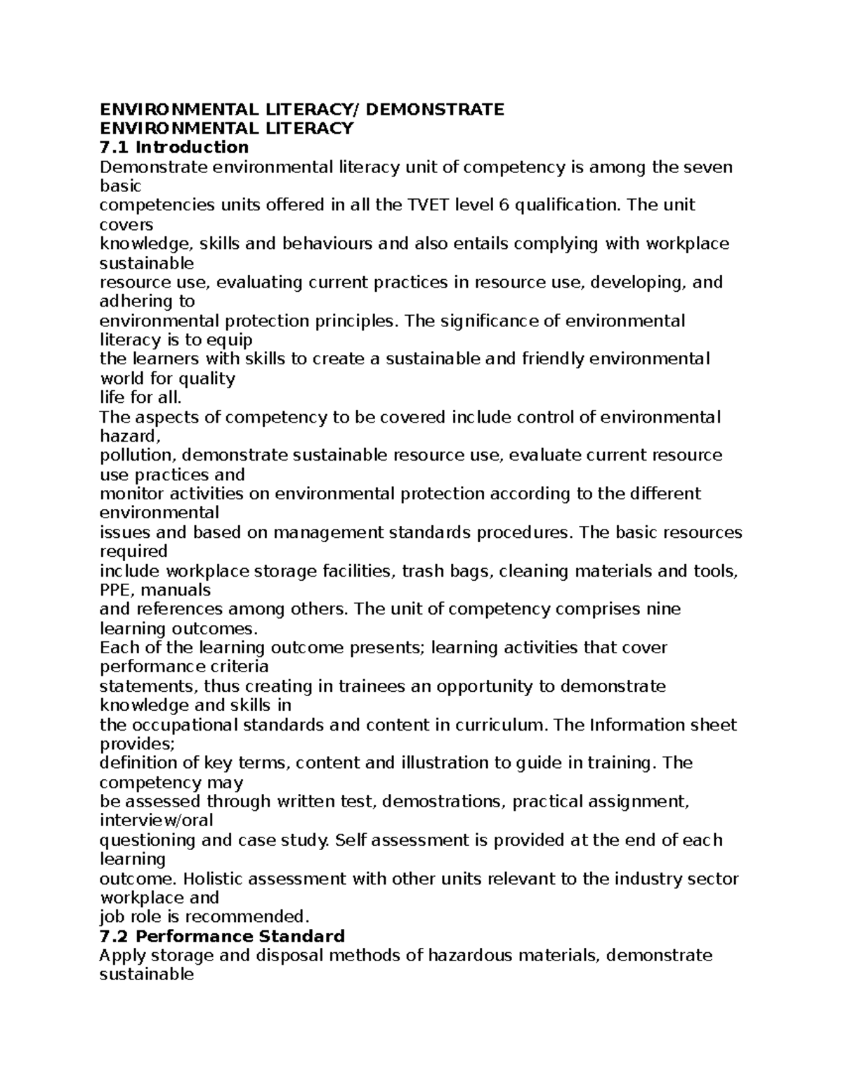 Env lit - ENVIRONMENTAL LITERACY/ DEMONSTRATE ENVIRONMENTAL LITERACY 7 ...