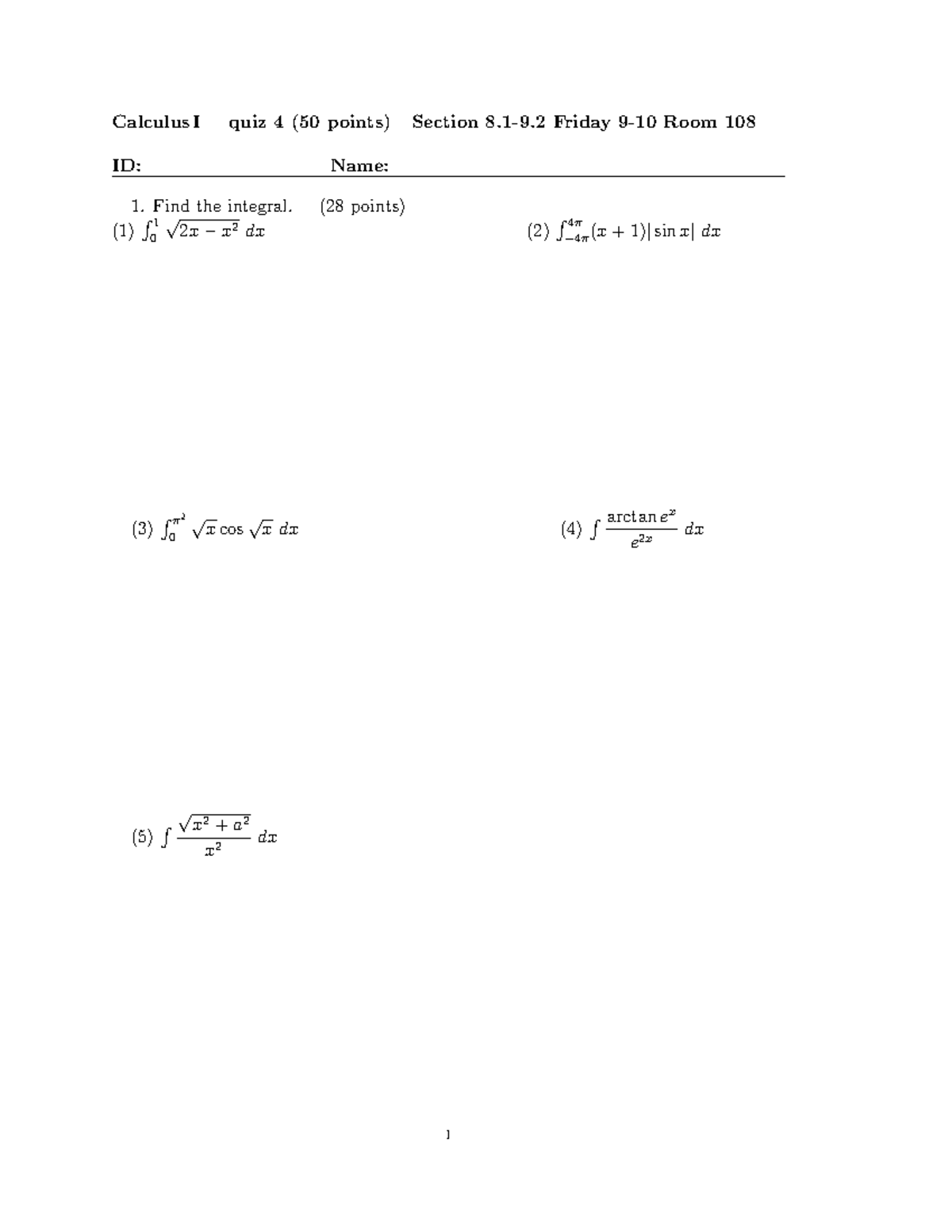 Quiz4（周五9-10） - 高数b(上)第四次quiz - Calculus I quiz 4 (50 points) Section 8 ...