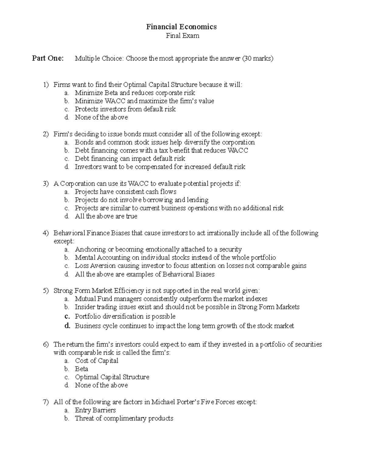 2015 Practice Final Exam - Final Exam Part One: Multiple Choice: Choose ...