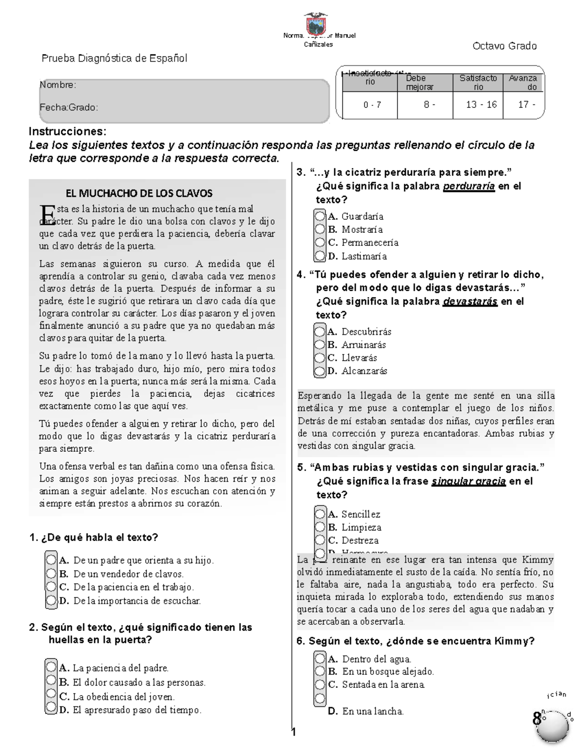 Prueba Diagnóstica 8º Español (2011 ) - Lectura y Gramática ++++ Prueba ...