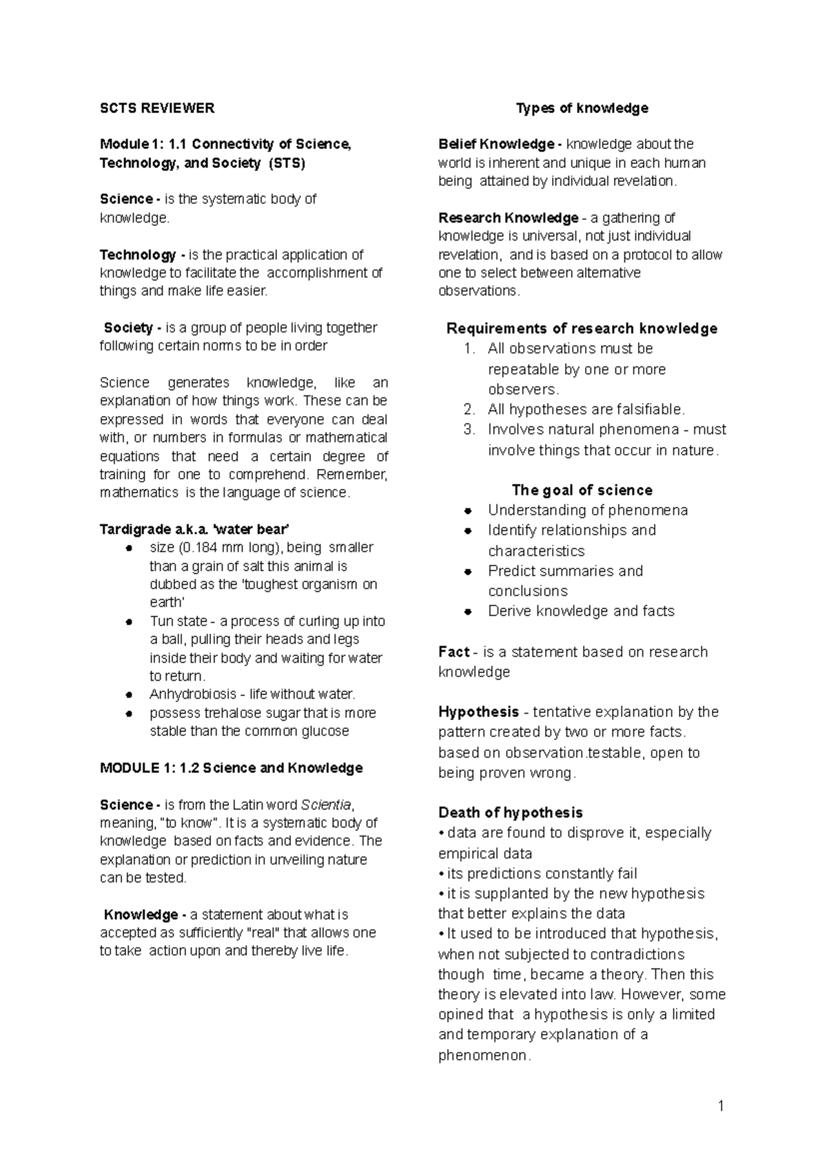 SCTS- Reviewer - SCTS REVIEWER Module 1: 1 Connectivity of Science, Technology, and Society (STS ...