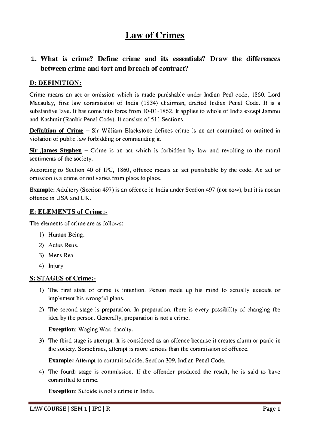 LAW Of Crimes - Part B - Law of Crimes 1. What is crime? Define crime ...