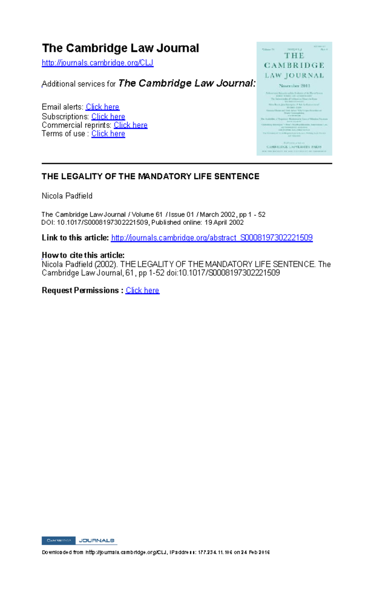 The legality of the mandatory life sentence - The Cambridge Law Journal ...