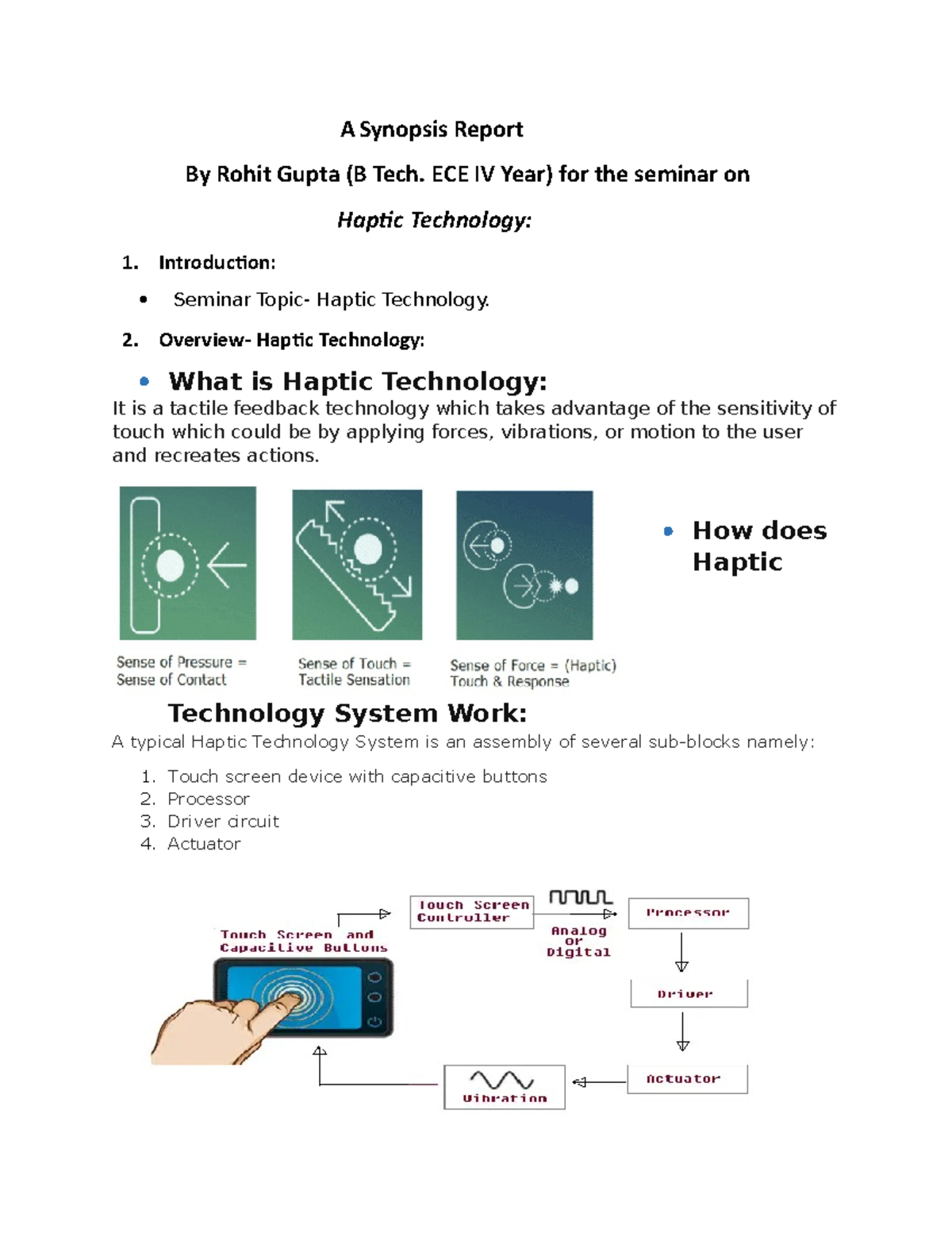 Rohit Gupta Haptic tech. Synopsis report-Seminar - A Synopsis Report By Rohit Gupta (B Tech. ECE ...