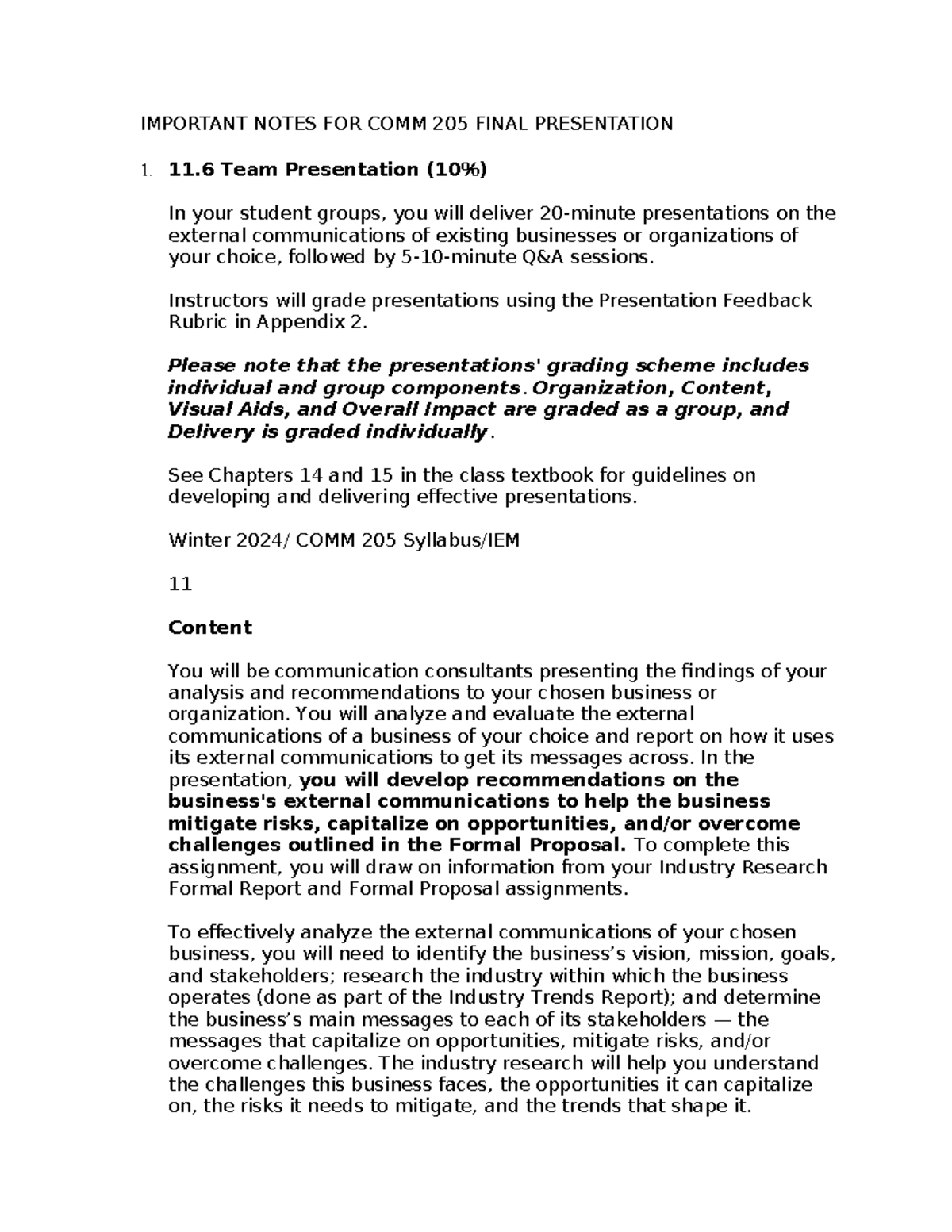 Important Notes FOR COMM 205 Final Presentation - IMPORTANT NOTES FOR ...