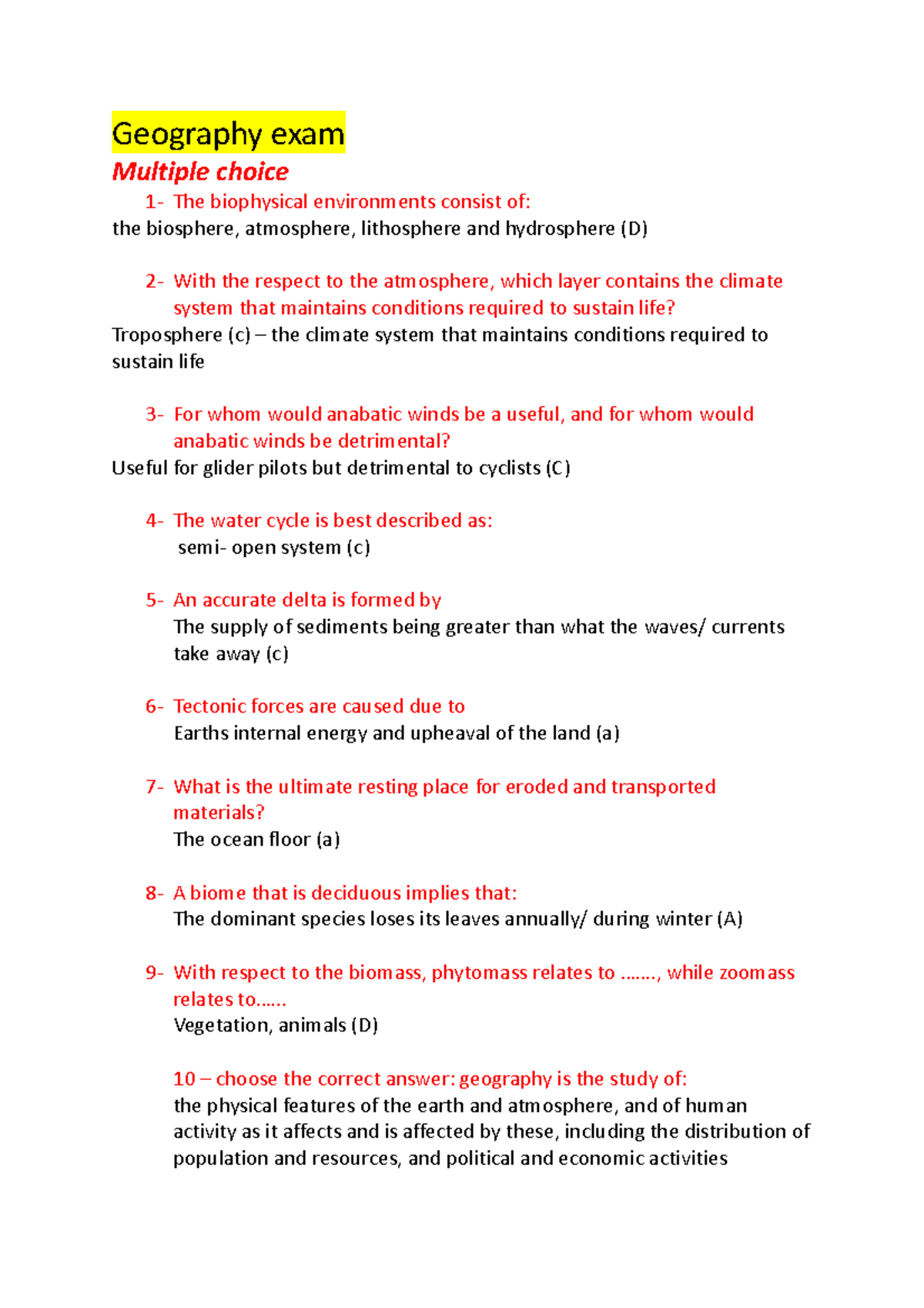 Geography multiple choice - Geography exam Multiple choice 1- The ...