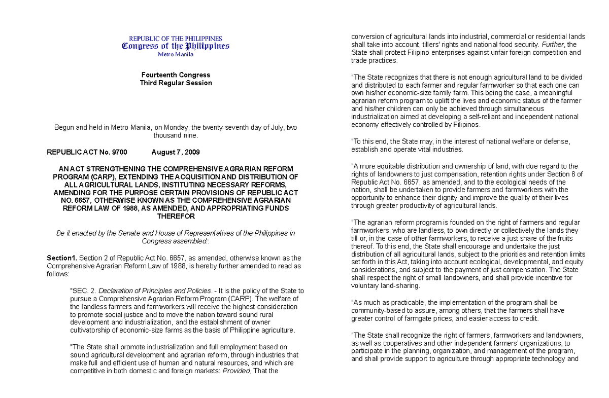 RA 9700 - Fourteenth Congress Third Regular Session Begun and held in ...