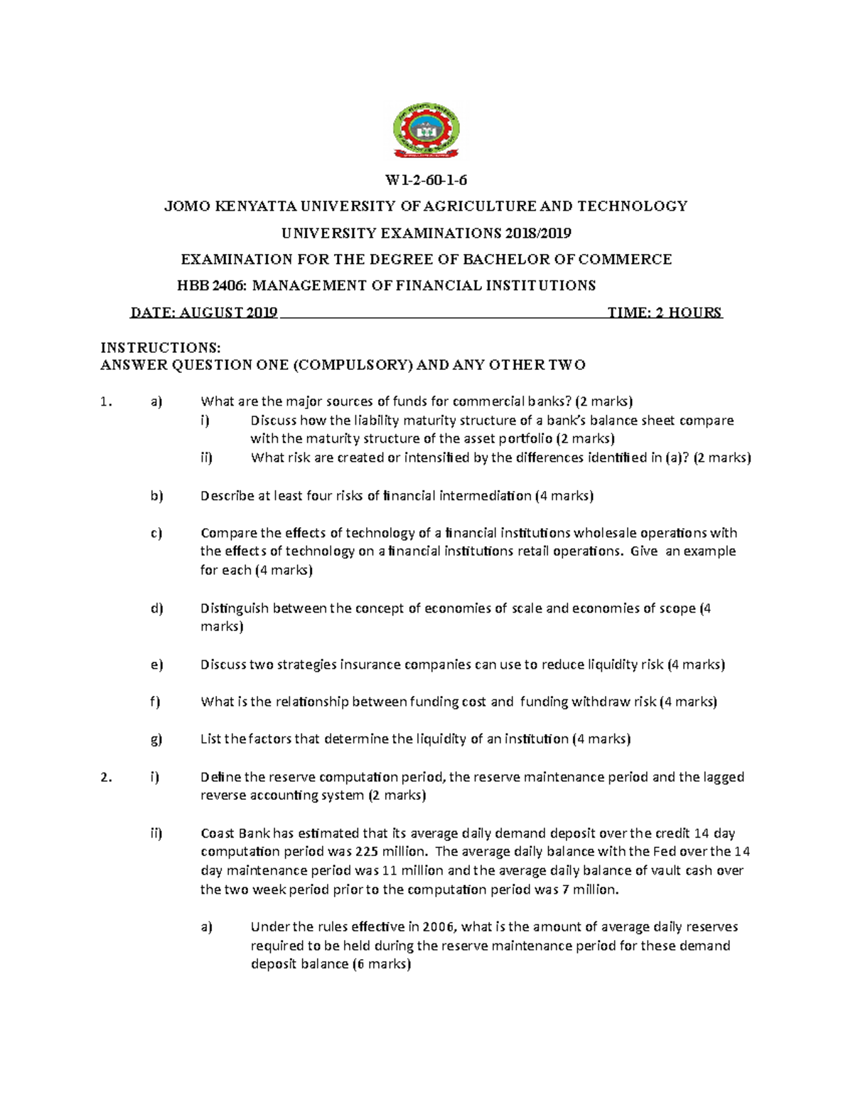 HBB 2406 Management OF Financial Institutions - W1-2-60-1- JOMO ...