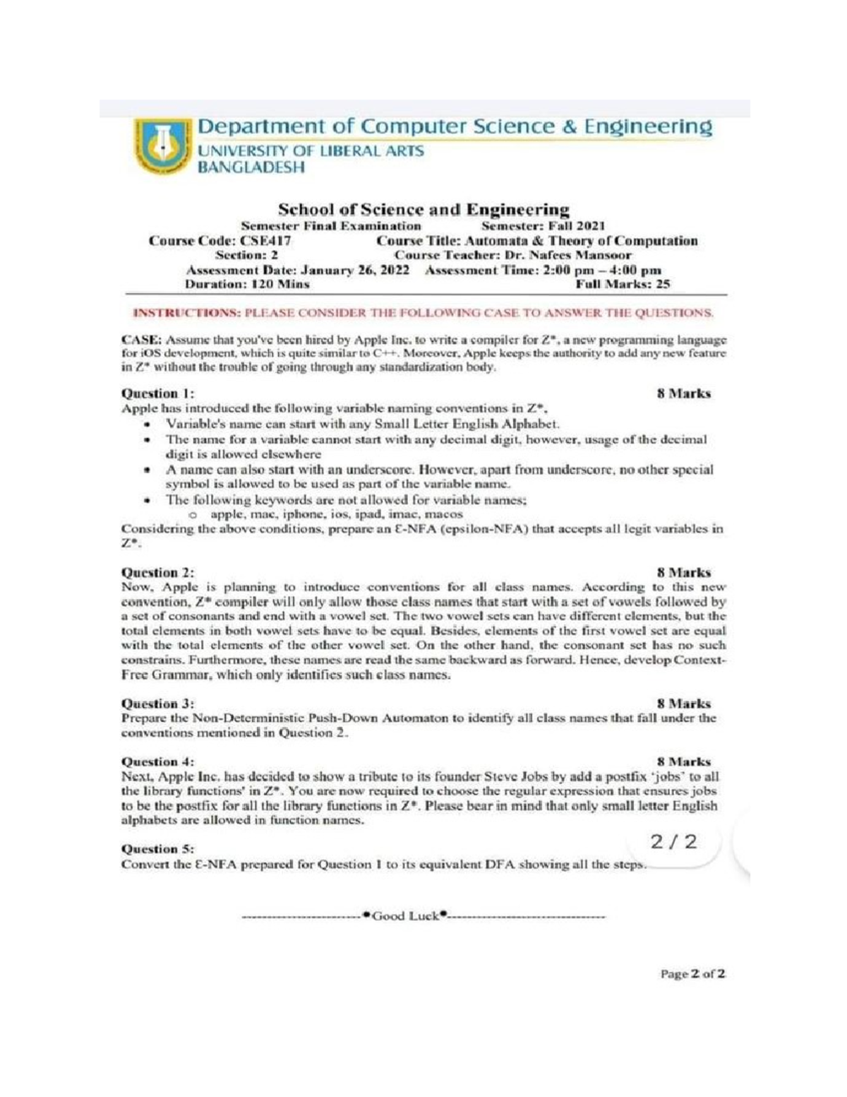 Final Fall 21 - ... - Automata and Theory of Computation - Studocu