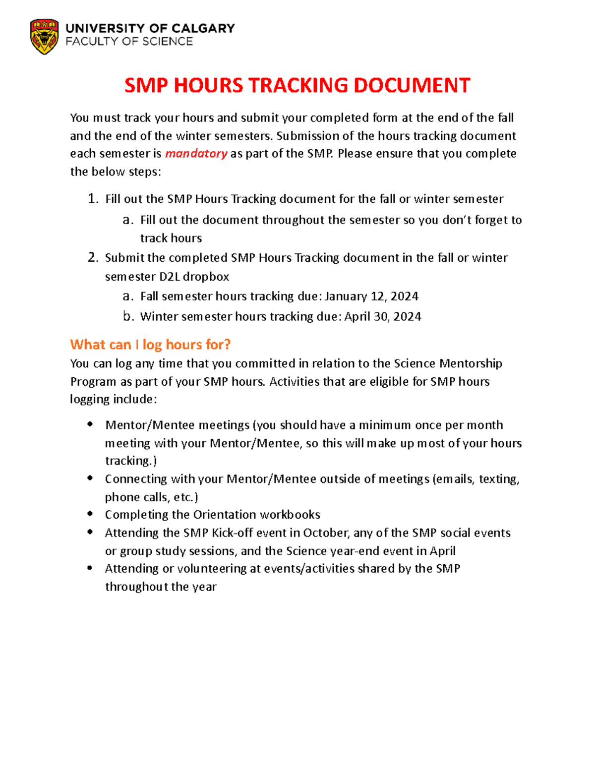 D2L SMP Hours Tracking Document - SMP HOURS TRACKING DOCUMENT You must ...